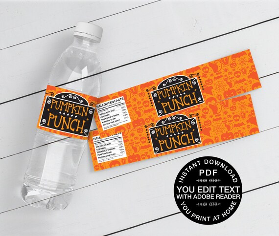 Pumpkin Punch Water Bottle Wrappers/Labels - Halloween Party, Pumpkin ...
