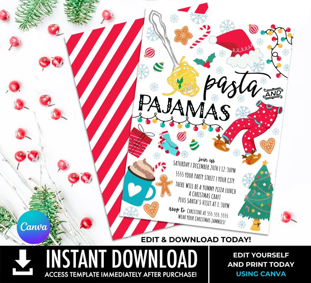 Pasta and Pajamas Birthday Invitation, Christmas Pasta & Pajama ...
