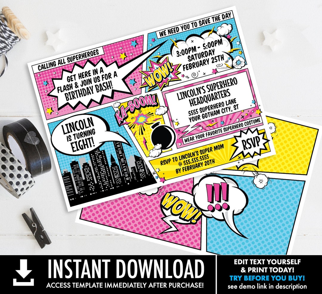 Supergirl Invitation - Supergirl Birthday Party, Comic Book Invitation ...