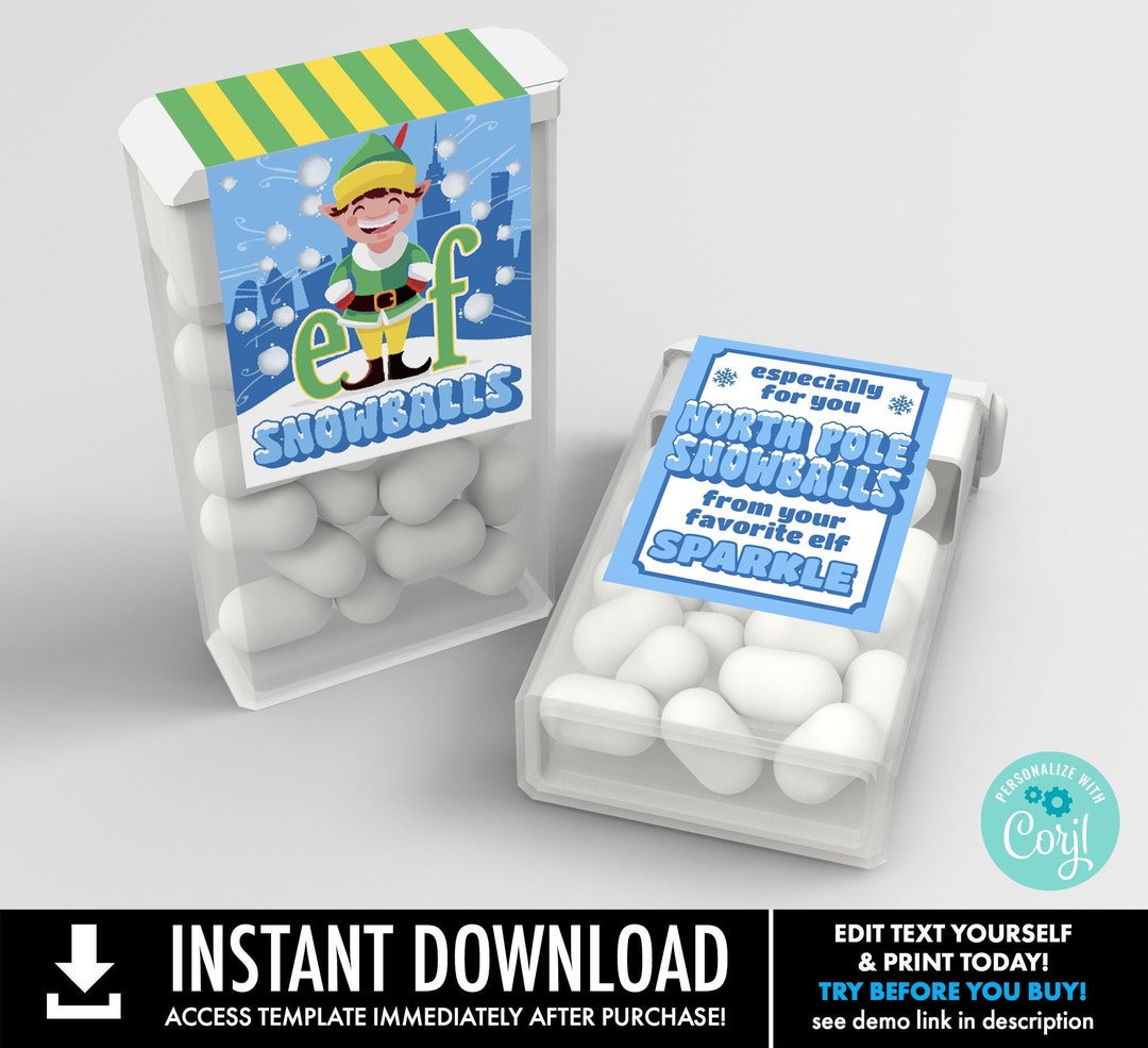 Elf Snowballs, Mint Candy Label, Breath Mint Label, Christmas Elf Gift ...