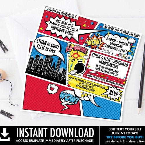 Comic Book Invitation Superhero Birthday Invitation Instant - Etsy
