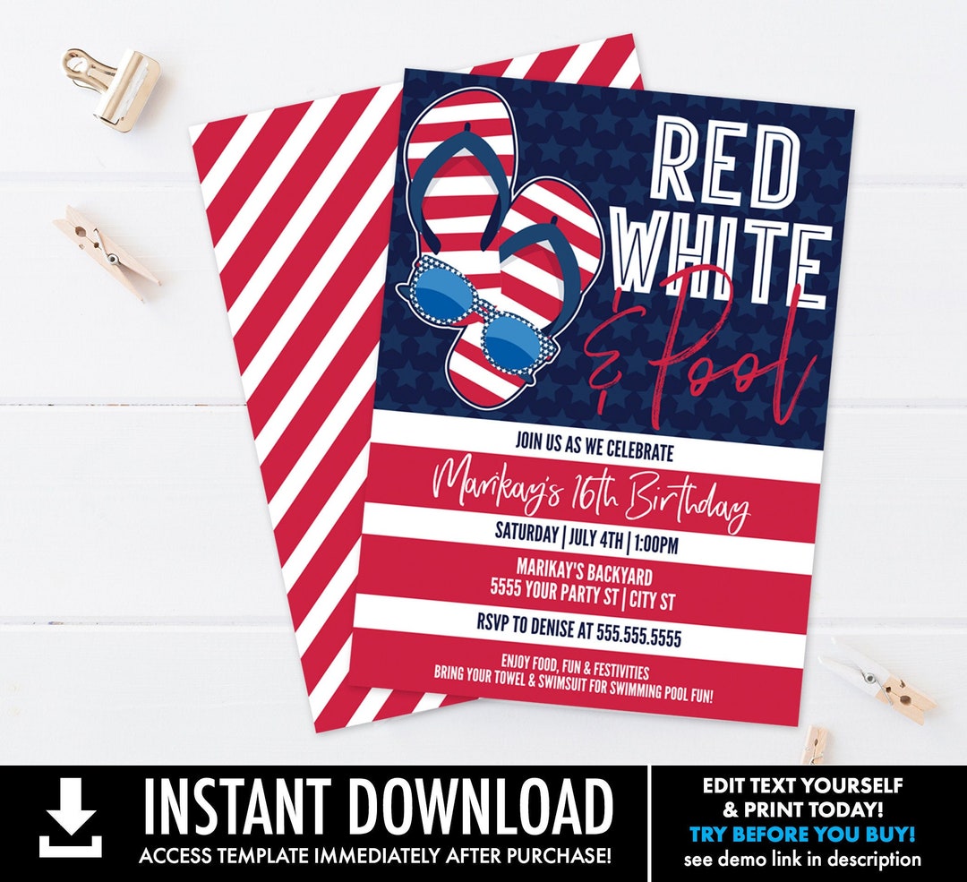 Editable Red White Pool Party 4th of July Birthday Invitation Pool ...