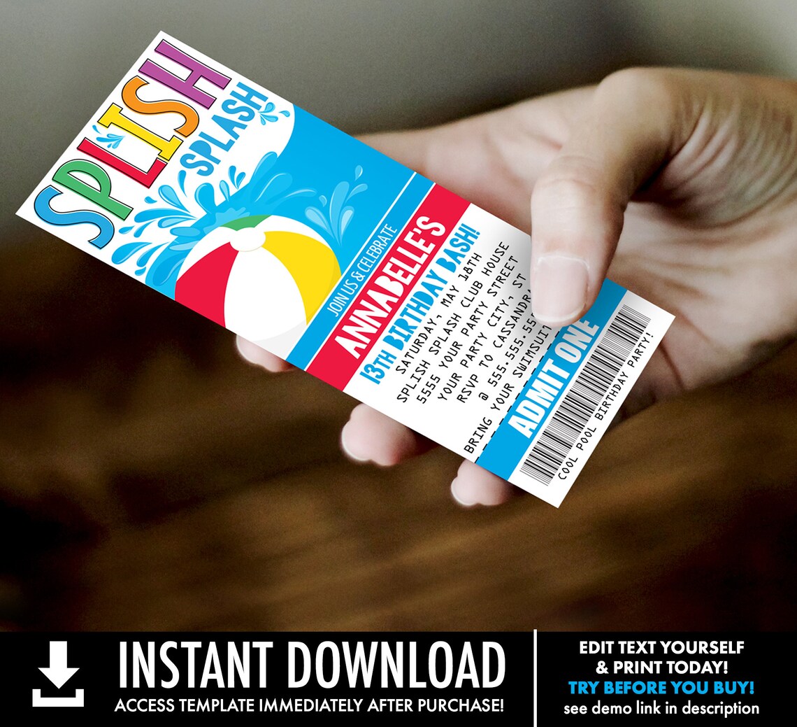 Pool Party Ticket Invitation - Slip N' Slide Party, Beach Party,summer ...