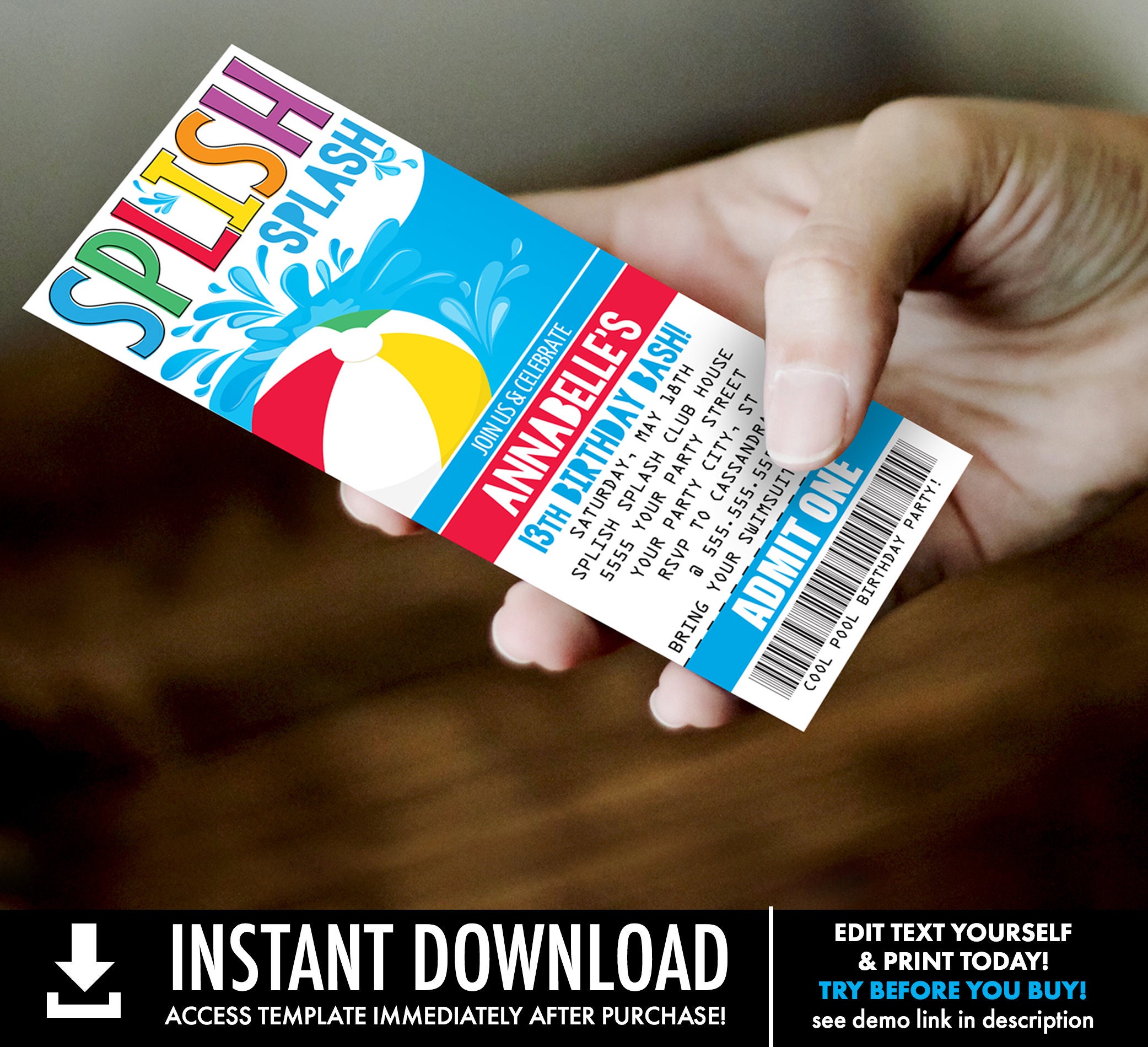 Pool Party Ticket Invitation - Slip N' Slide Party, Beach Party,summer ...