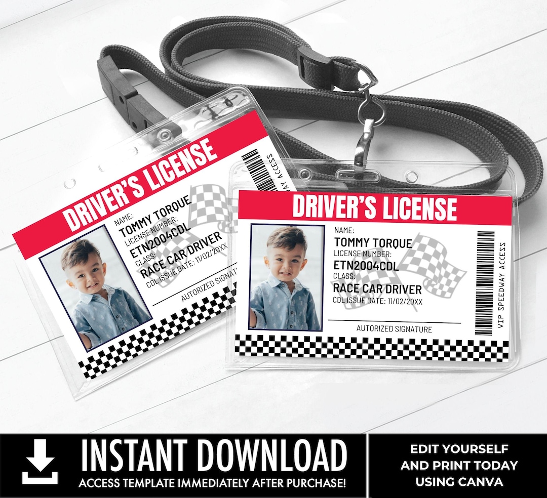 Race Car Driver's License - ID Badge, Cars Birthday, License ID, Red ...