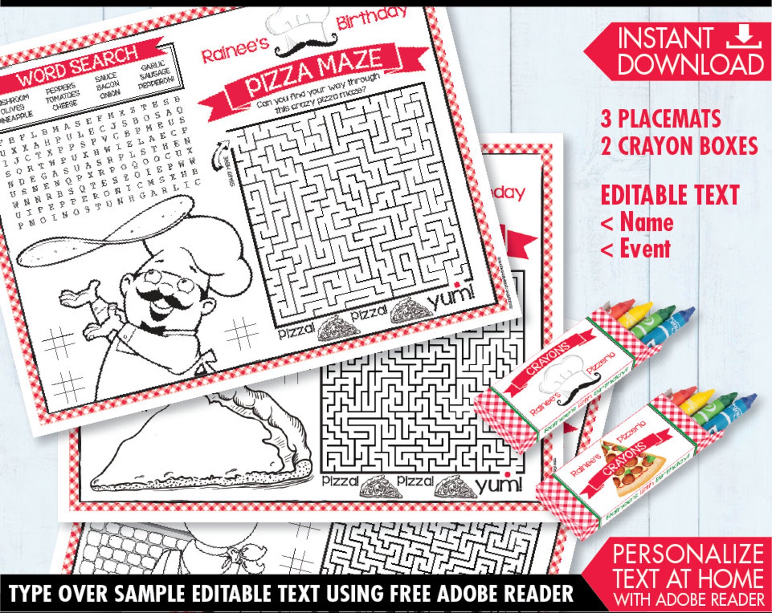 Pizza Party Placemat Pizza Birthday Party, Activity Page, Crayon Box ...