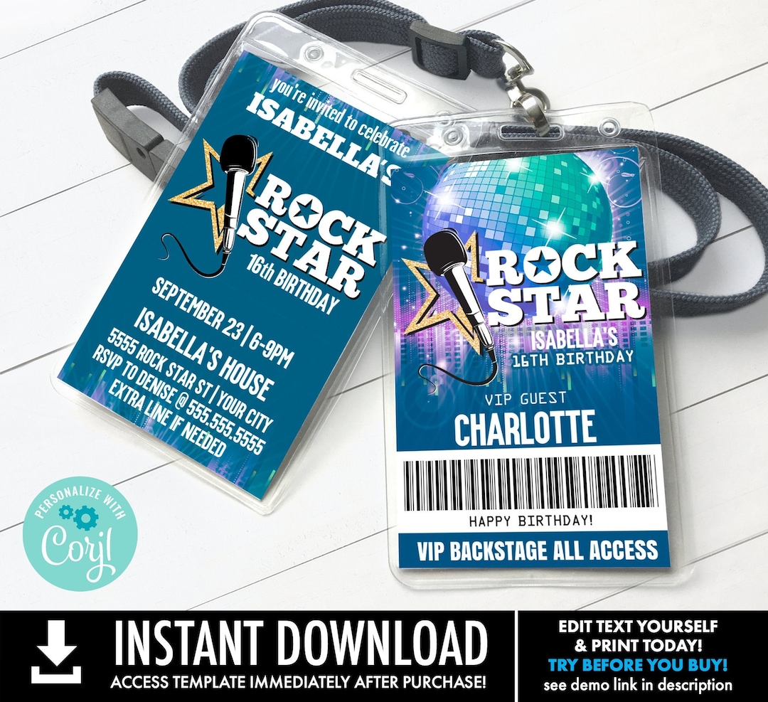 Rock Star Party VIP Badge Invitation, Party Like a Pop Star, Rock N ...