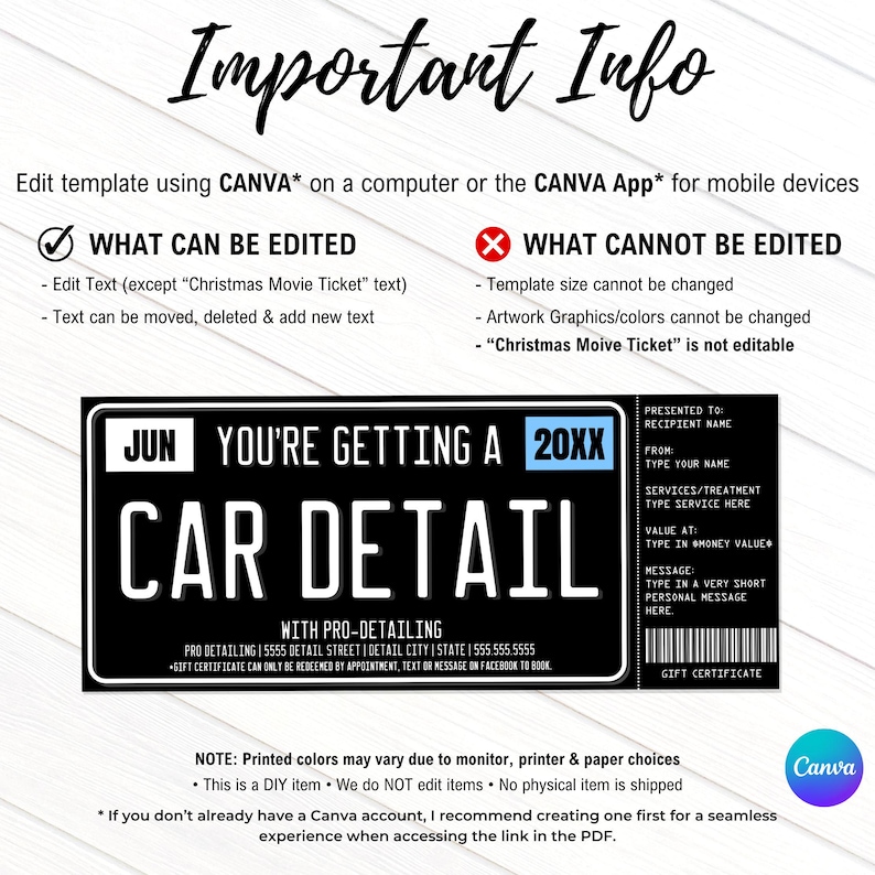 Car Detailing Gift Certificate, License Plate Car Detail Surprise Gift ...