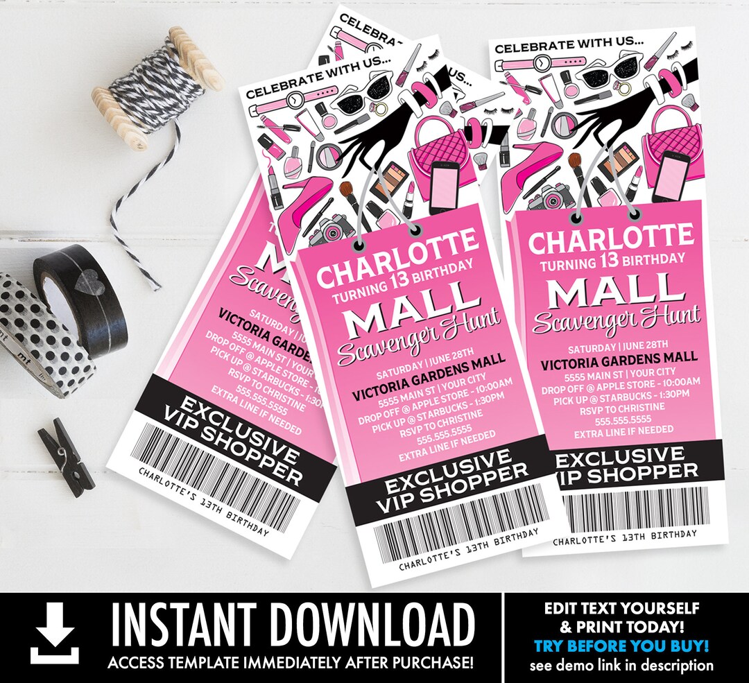 Mall Scavenger Ticket Invitation, Birthday Party Ticket Invite | Self-editing With CORJL ...