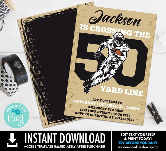50th Football Party Invitation - Crossing the 50 Yard Line,50th ...
