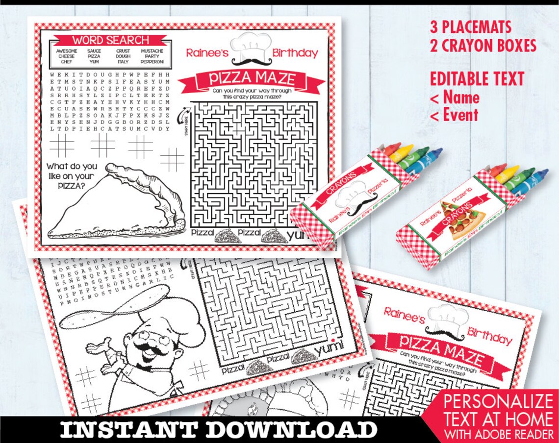 Pizza Party Placemat - Pizza Birthday Party, Activity Page, Crayon Box ...