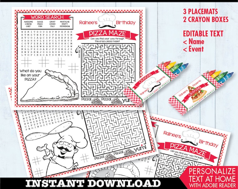 Pizza Party Placemat - Pizza Birthday Party, Activity Page, Crayon Box ...