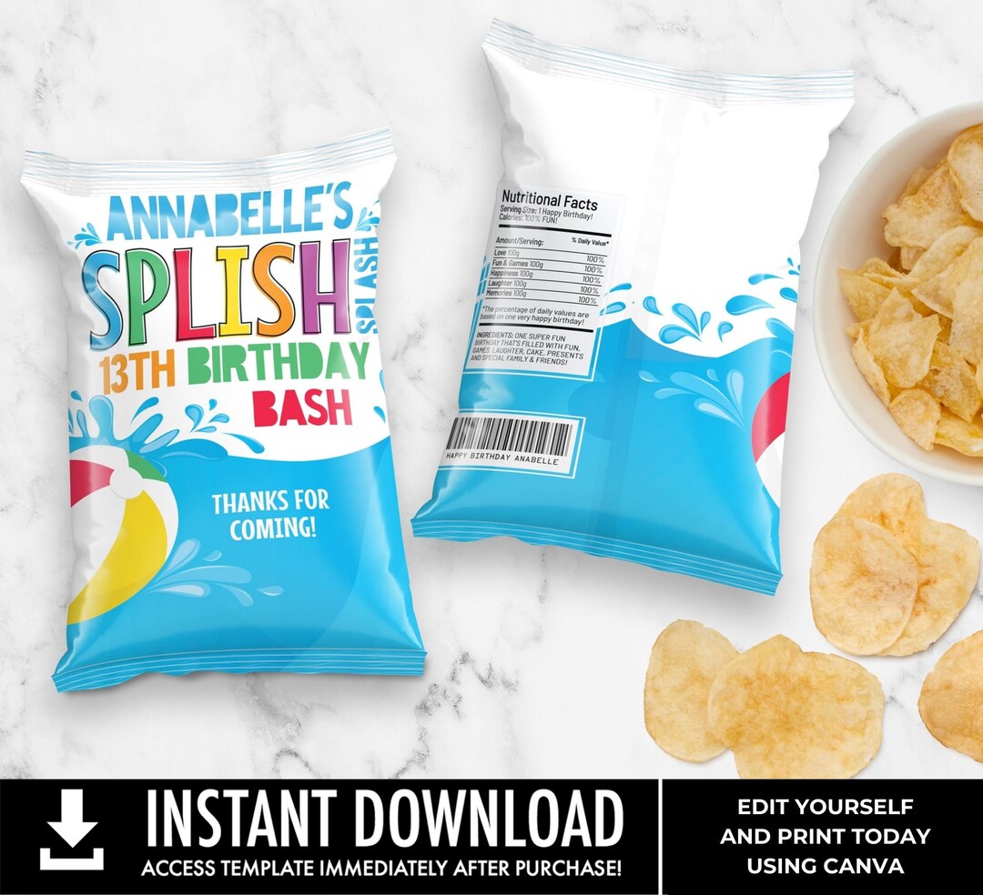 Pool Party Potato Chip Bag Wrap/label/template,snacks Bag,loot,mini ...