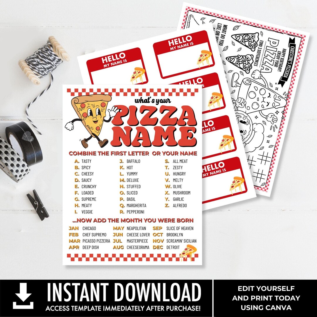 What's Your Pizza Name With Name Tags & Placemat, Pizza Party Game ...
