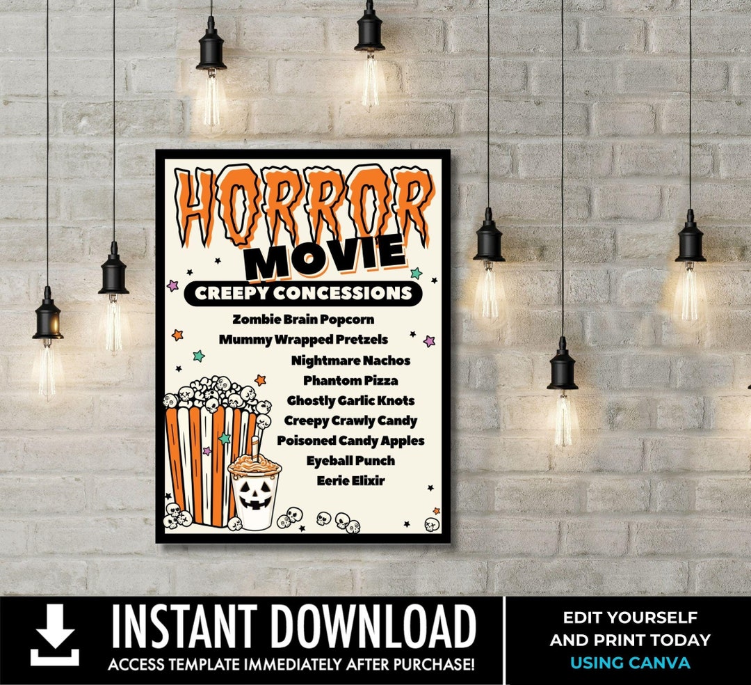 Halloween Movie Concession Sign, Horry Movie Night Menu Signs, Spooky ...