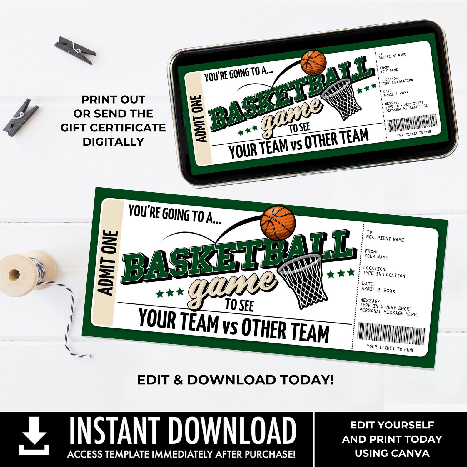 Basketball Ticket Gift Editable Template, Surprise Basketball Game ...