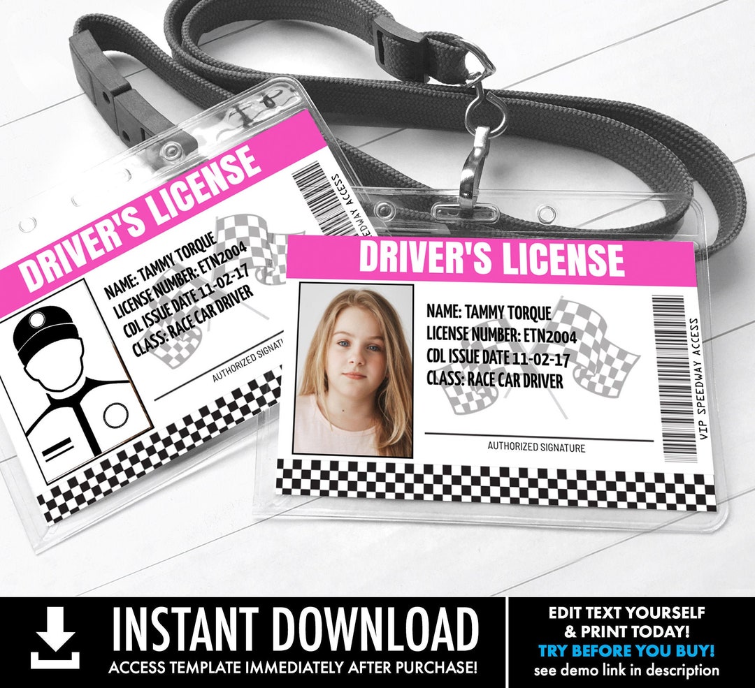 Race Car Driver's License - ID Badge, Cars Birthday, License ID - Pink ...