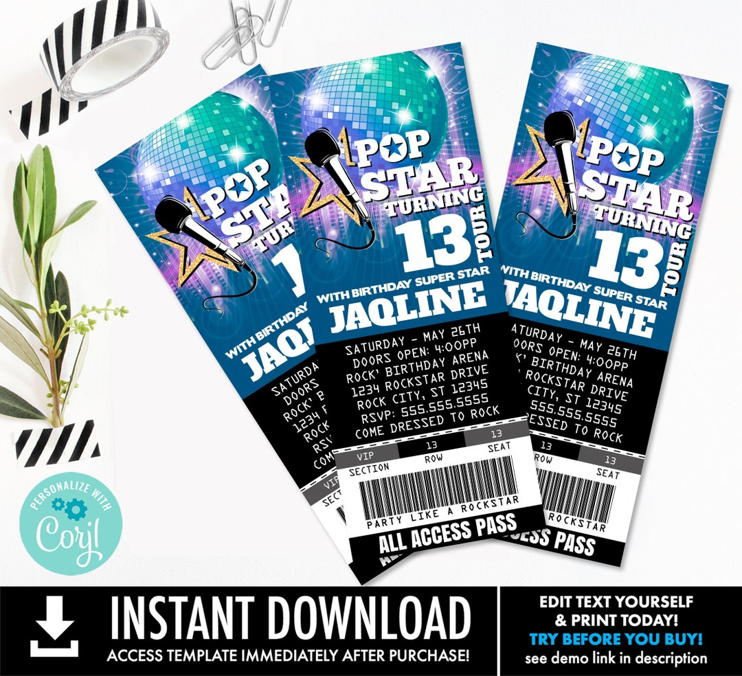 Pop Star Party Ticket Invitations - Party Like a Rockstar- Rock N Roll Birthday | Self-edit With ...