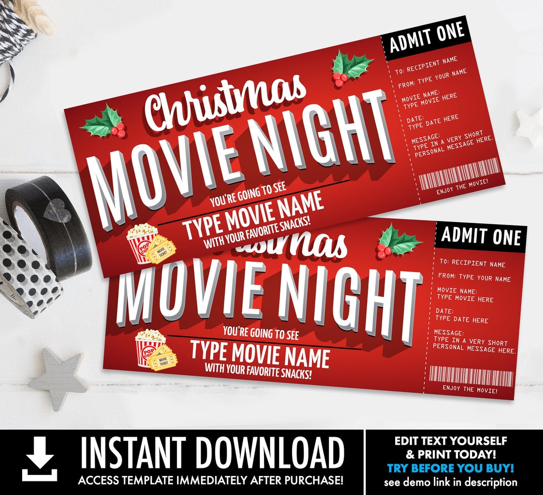 Christmas Movie Night Ticket Gift Certificate, Movie Ticket, Movie ...