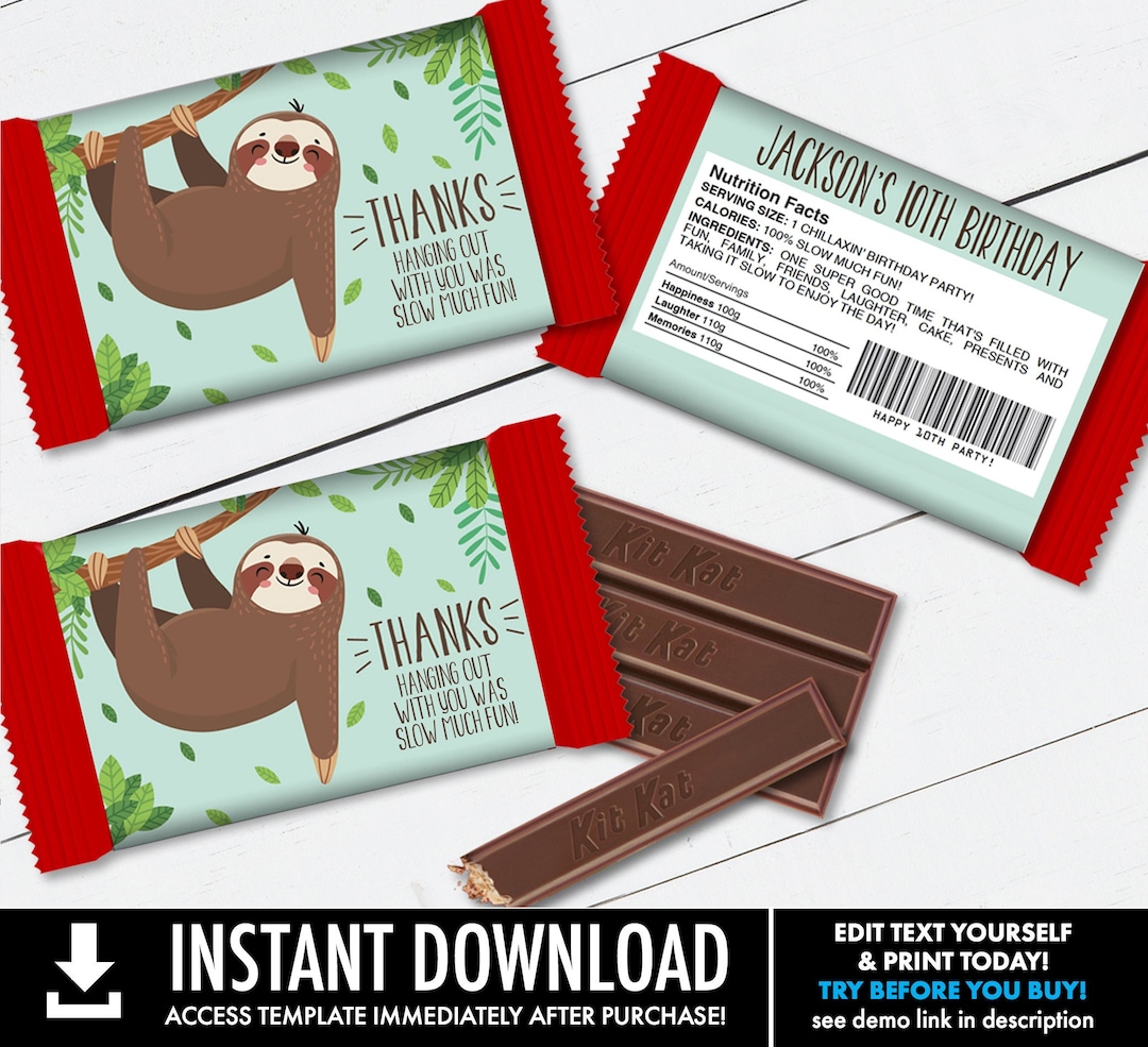 Sloth Wafer Chocolate Candy Bar Label/wrapper Party Favor, Sloth Party ...