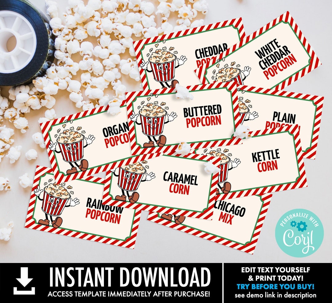Retro Christmas Movie Popcorn Bar Labels, Popcorn Toppings Signs,retro ...