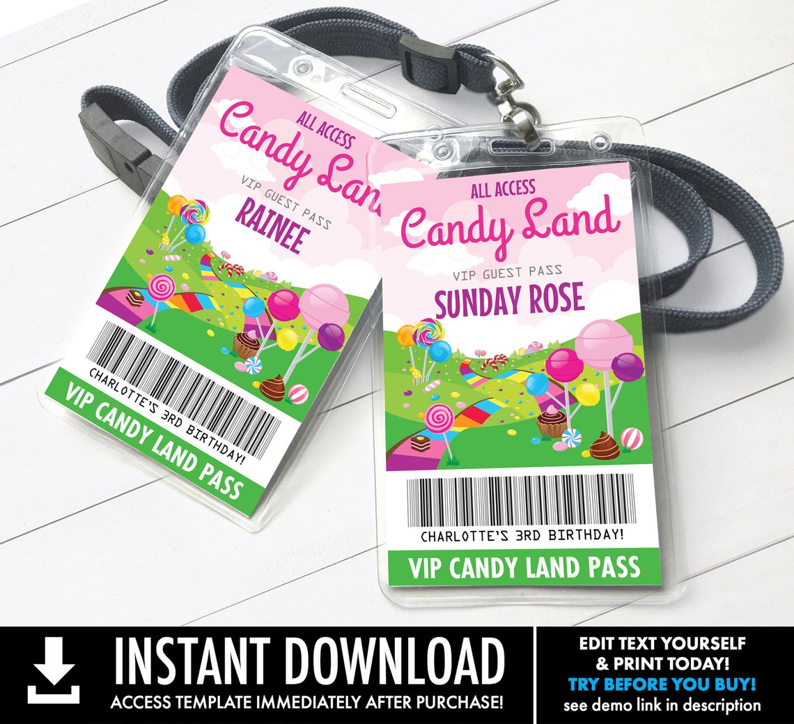 Candy Land Party VIP Badge, Candyland All Access Pass, ID Badge, Party ...