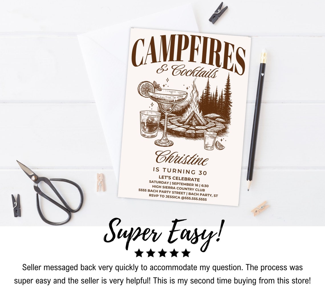 Campfires & Cocktails Birthday Invitation, Bonfires and Booze Invite ...
