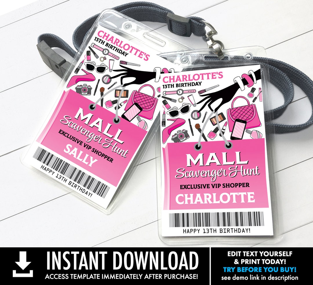 Mall Scavenger Hunt VIP Badge, Shopper ID Badge, Scavenger Hunt Passes ...