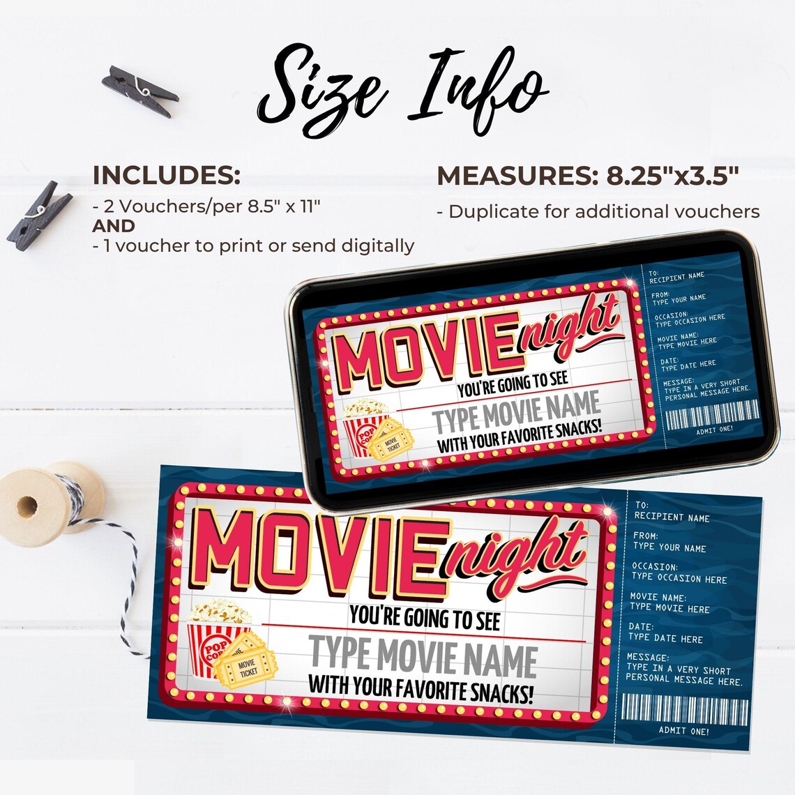 Movie Night Ticket Gift Certificate, Movie Ticket, Movie Marquee ...