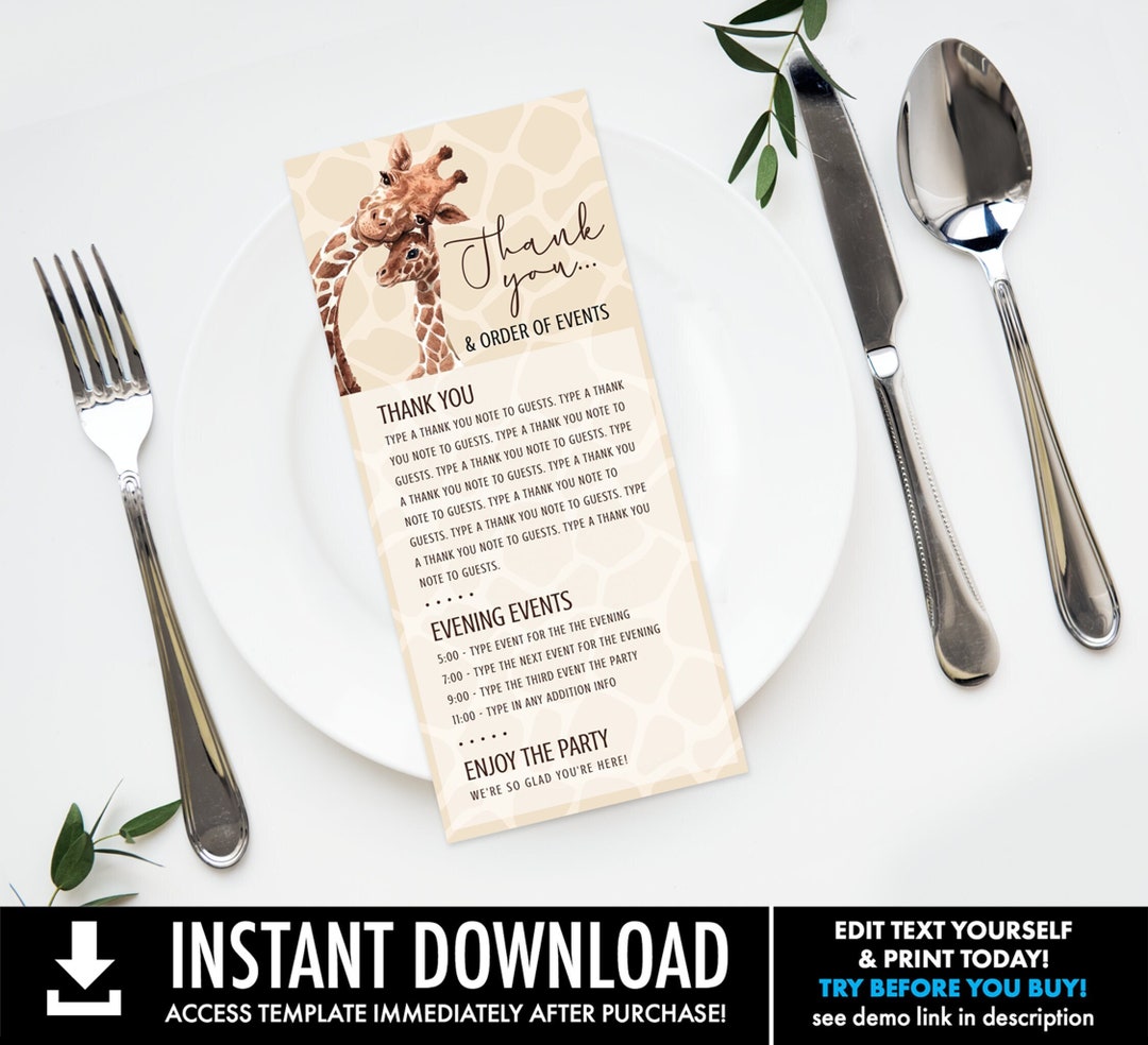 Giraffe Baby Shower 4x9 Itinerary, Program, Baby Shower Order of Events ...