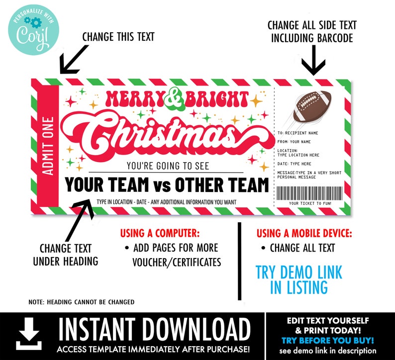 Christmas Football Ticket Gift Certificate Football Gift - Etsy