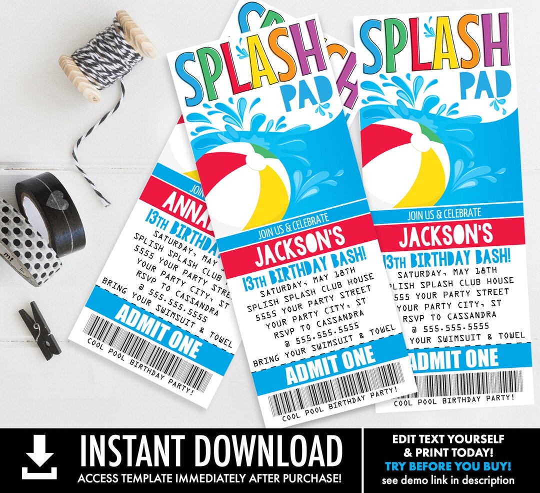 Splash Pad Ticket Invitation - Pool Party, Beach Party, Summer Birthday ...
