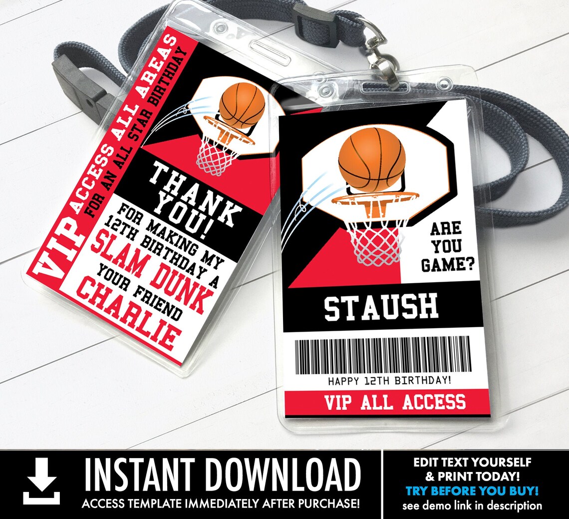 Basketball VIP ID Badge Thank You Basketball Invite Badge - Etsy