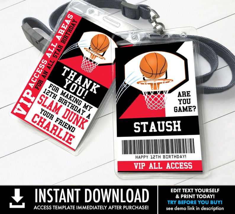 Basketball VIP ID Badge Thank You Basketball Invite Badge - Etsy