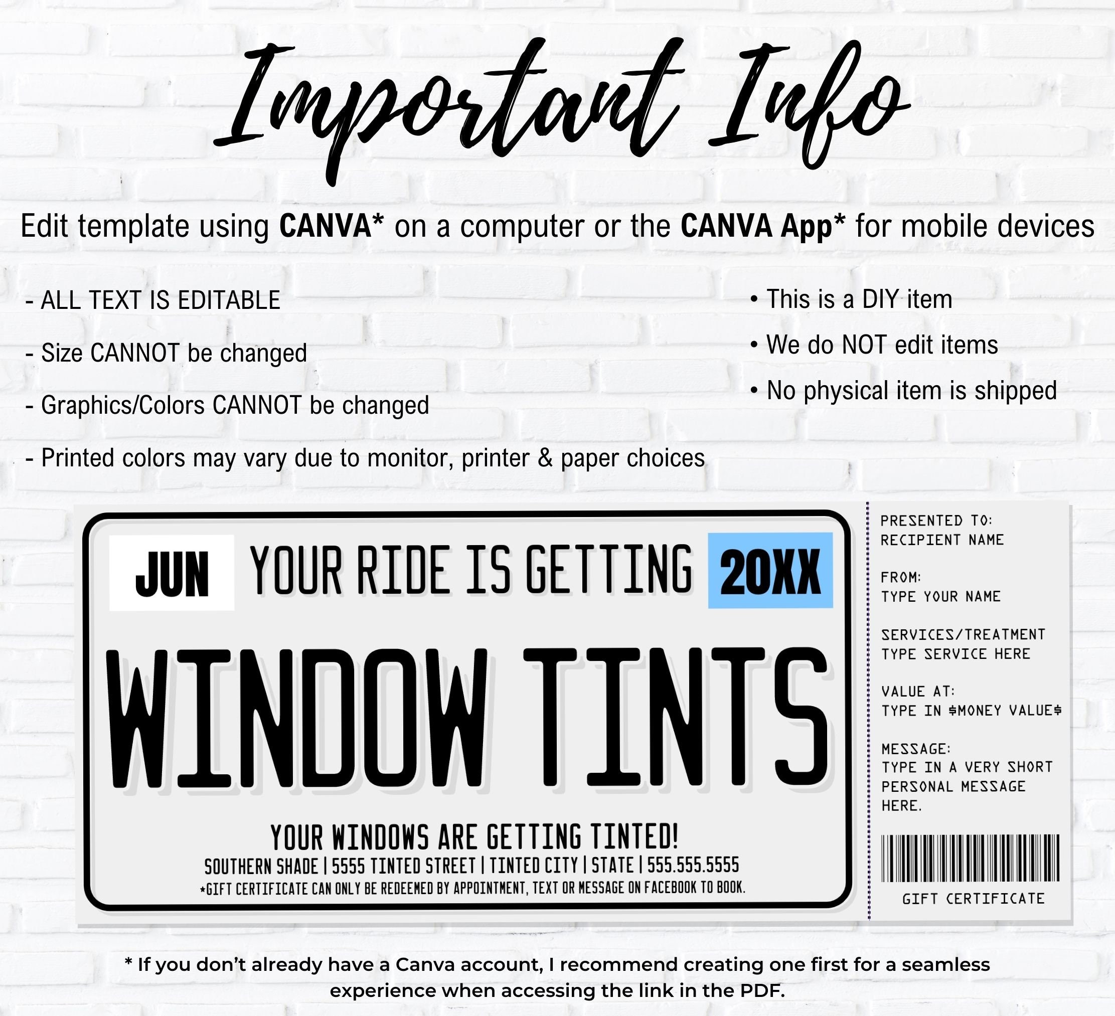 Car Window Tinting Gift Certificate, License Plate Surprise Gift ...