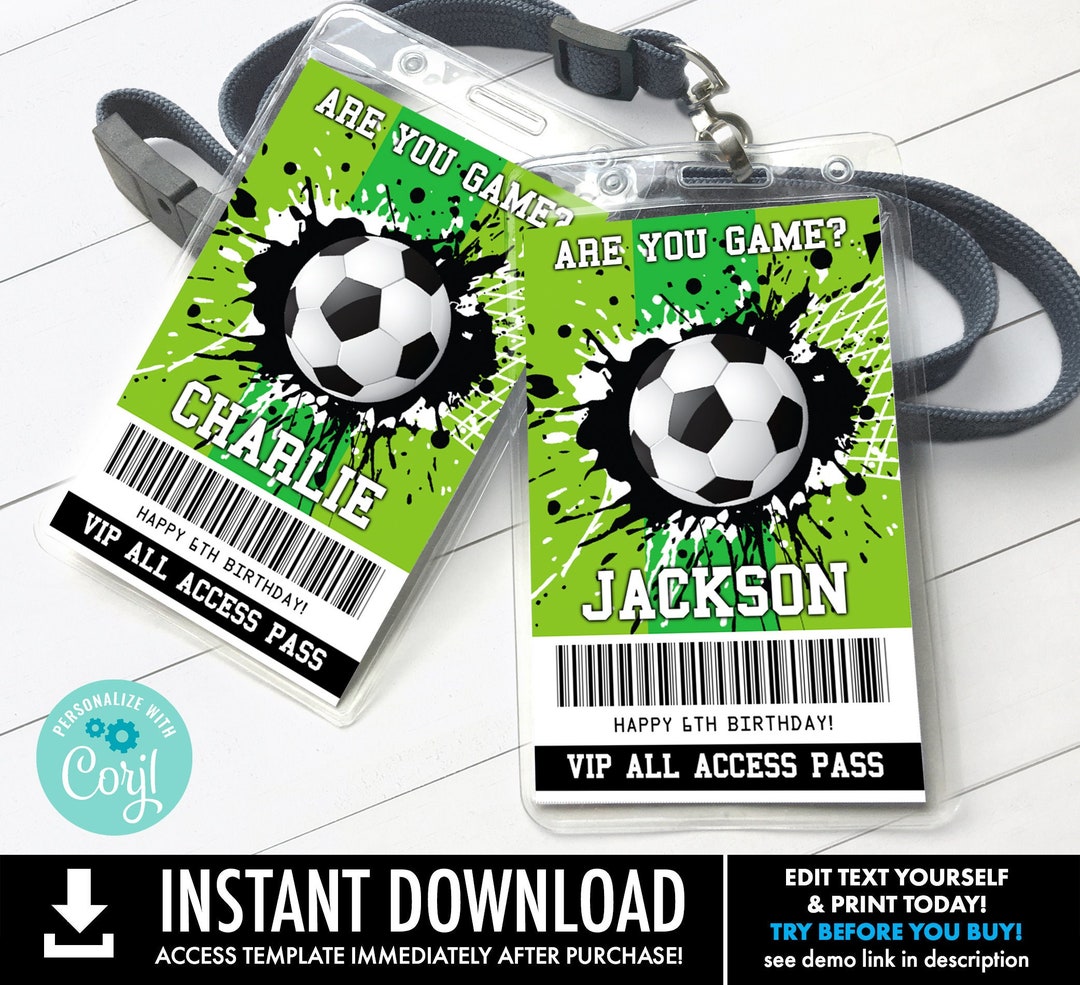 Soccer Party VIP Badge - Soccer ID Badge, All Access Pass | Self-edit ...