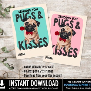 Printable Dog Valentine's Day Cards, Sending Pugs and Kisses, Kids ...