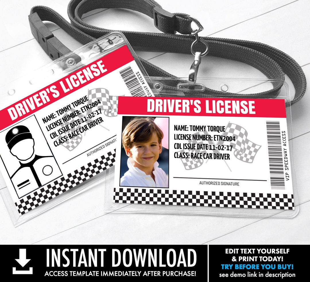 Race Car Driver's License - ID Badge, Cars Birthday, License ID, Red ...