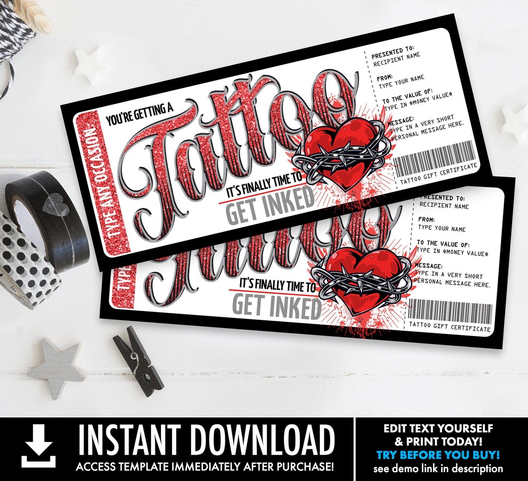 Tattoo Gift Certificate - Heart Design - Get Inked Gift Card Voucher ...