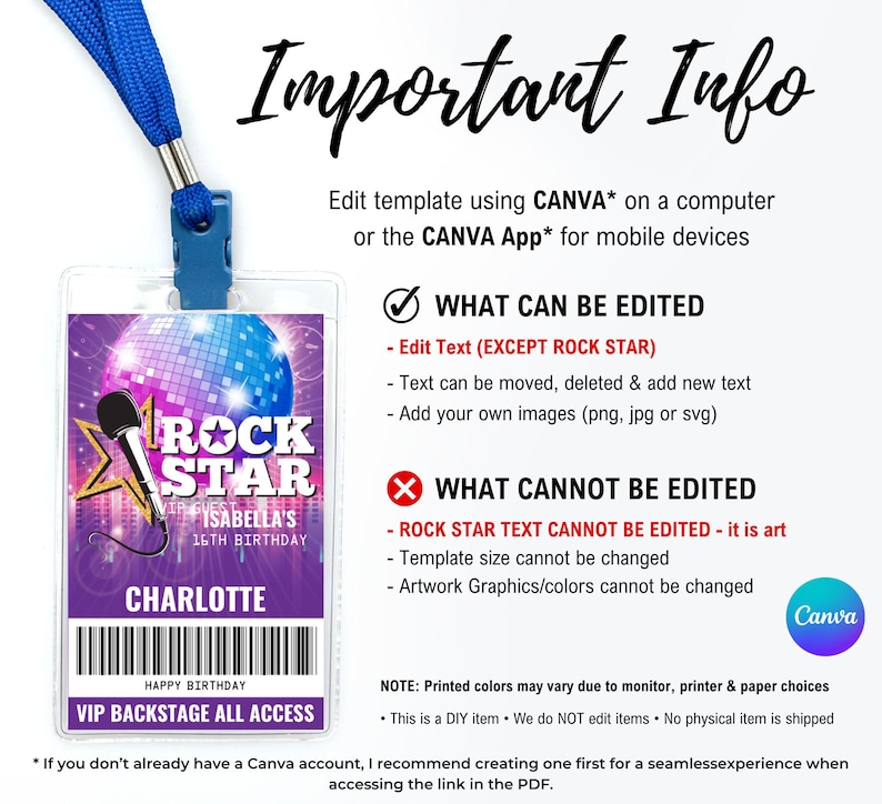 Rockstar Party VIP Badge, Party Like a Rockstar, Rock N Roll, Backstage ...