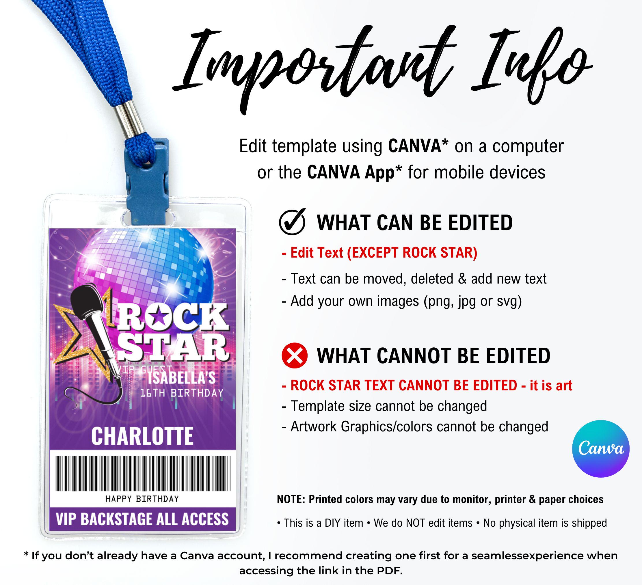 Rockstar Party VIP Badge, Party Like a Rockstar, Rock N Roll, Backstage ...