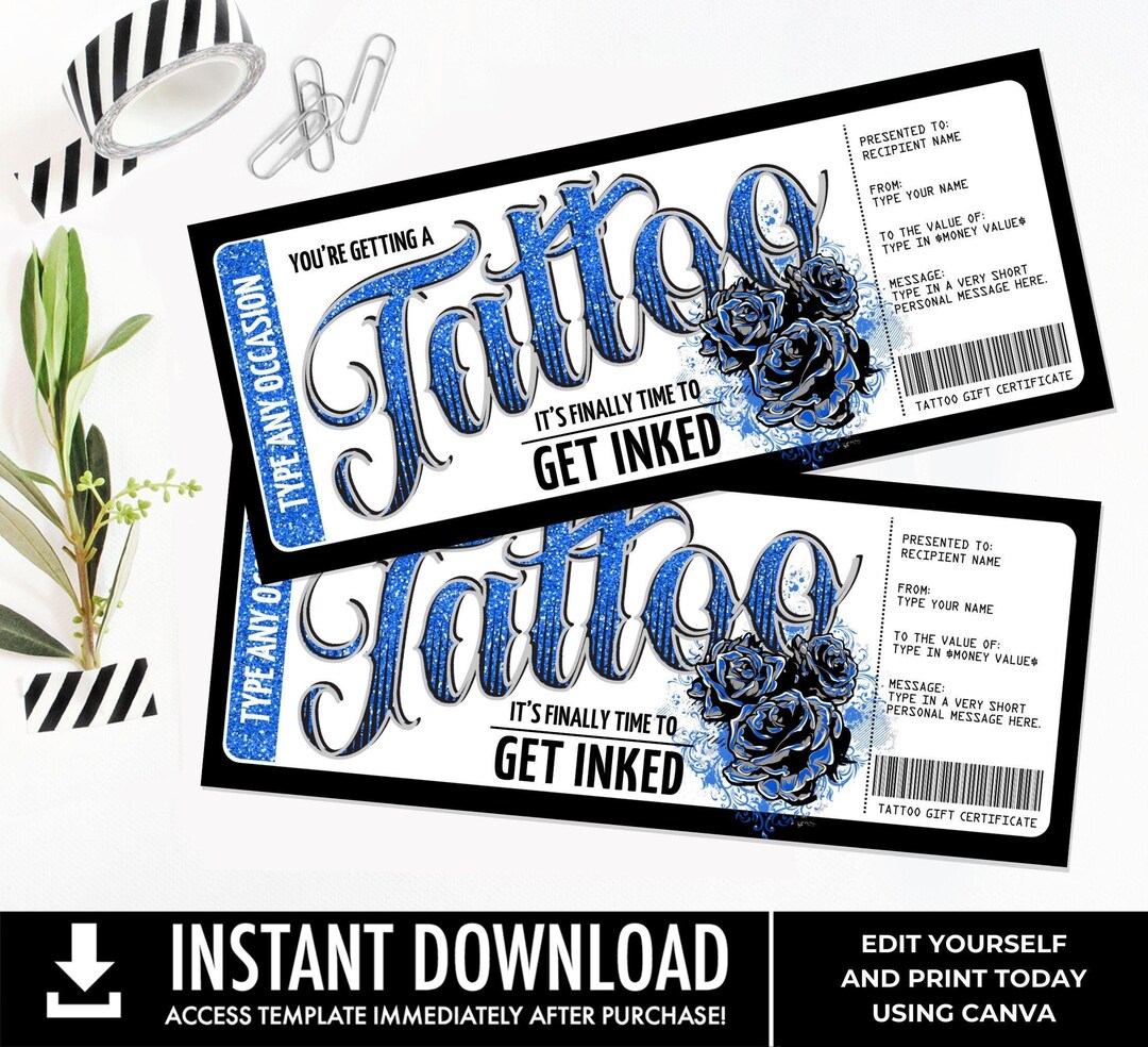 Tattoo Gift Certificate, Roses Design,get Inked Gift Card Voucher ...
