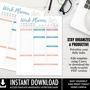 Editable Work Planner, Work Day Organizer, Printable Daily Planner ...