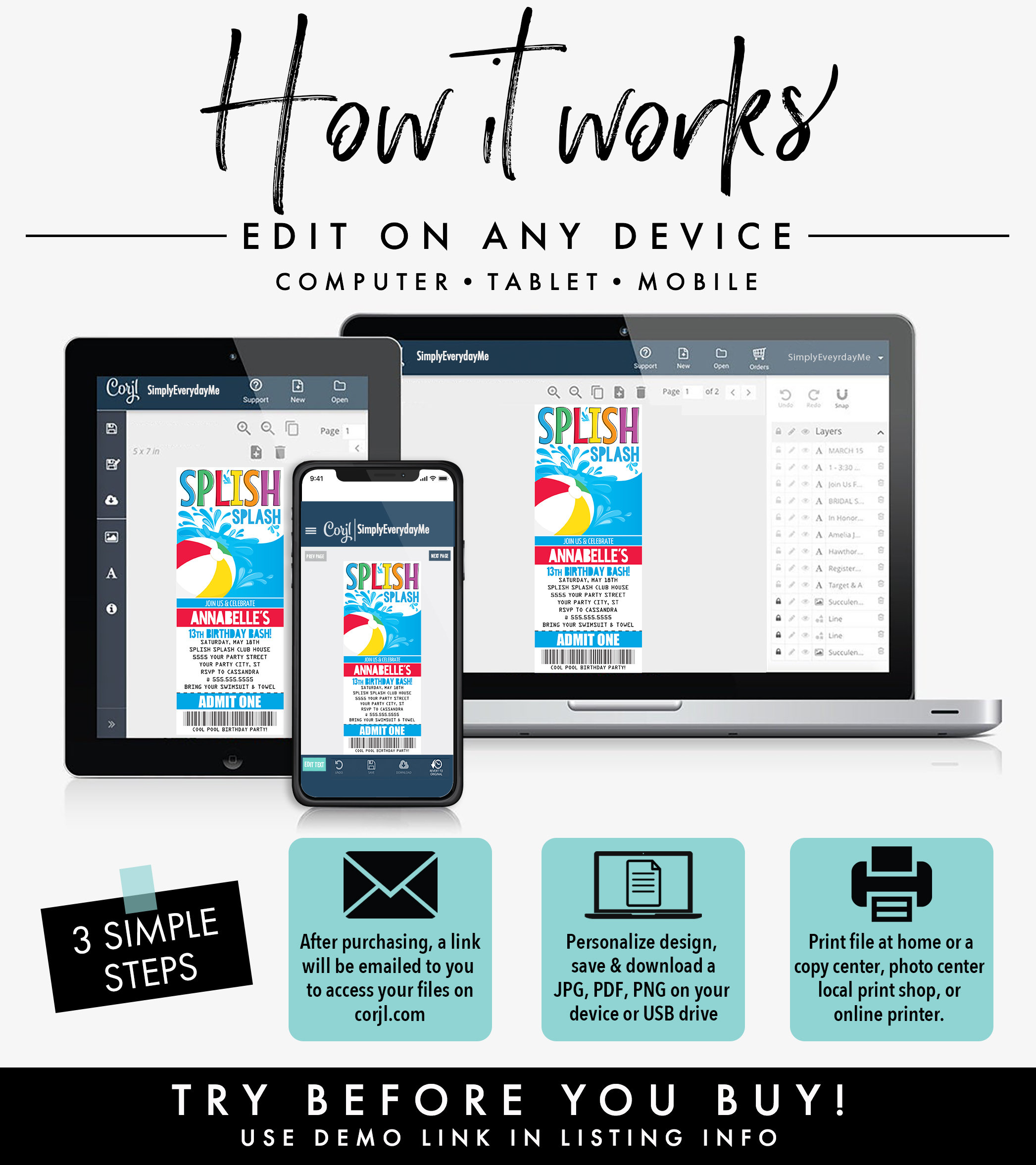 Pool Party Ticket Invitation - Slip N' Slide Party, Beach Party,summer ...