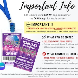 Dance Party VIP Badge Invitation, Disco Dance Party, Rock N Roll Party ...