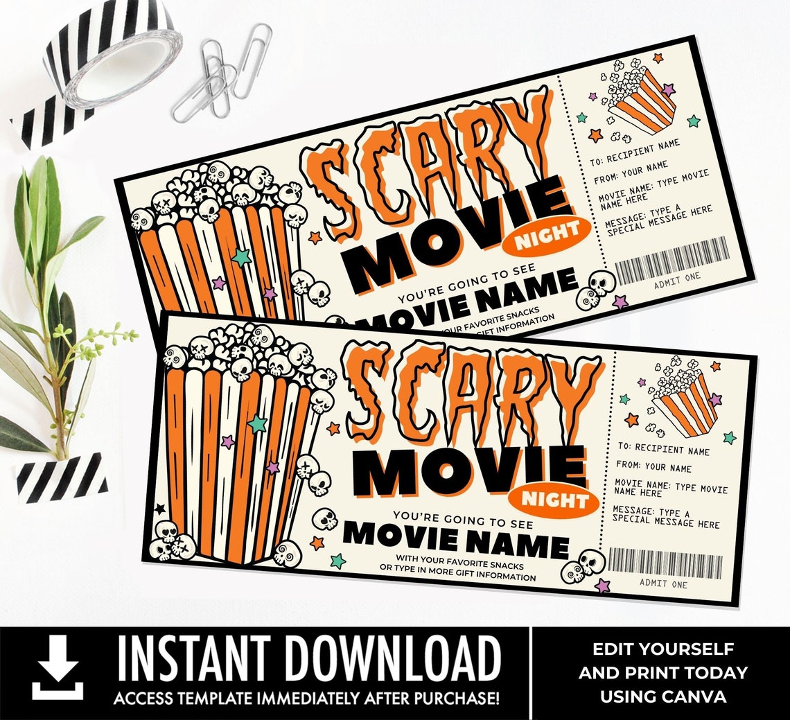 Halloween Scary Movie Night Ticket, Gift Certificate, Movie Ticket ...