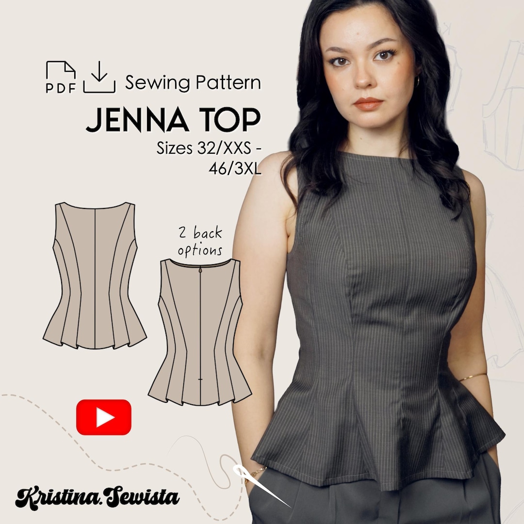 Peplum Top JENNA Sewing Pattern PDF | Fitted Y2K Inspired Top With ...