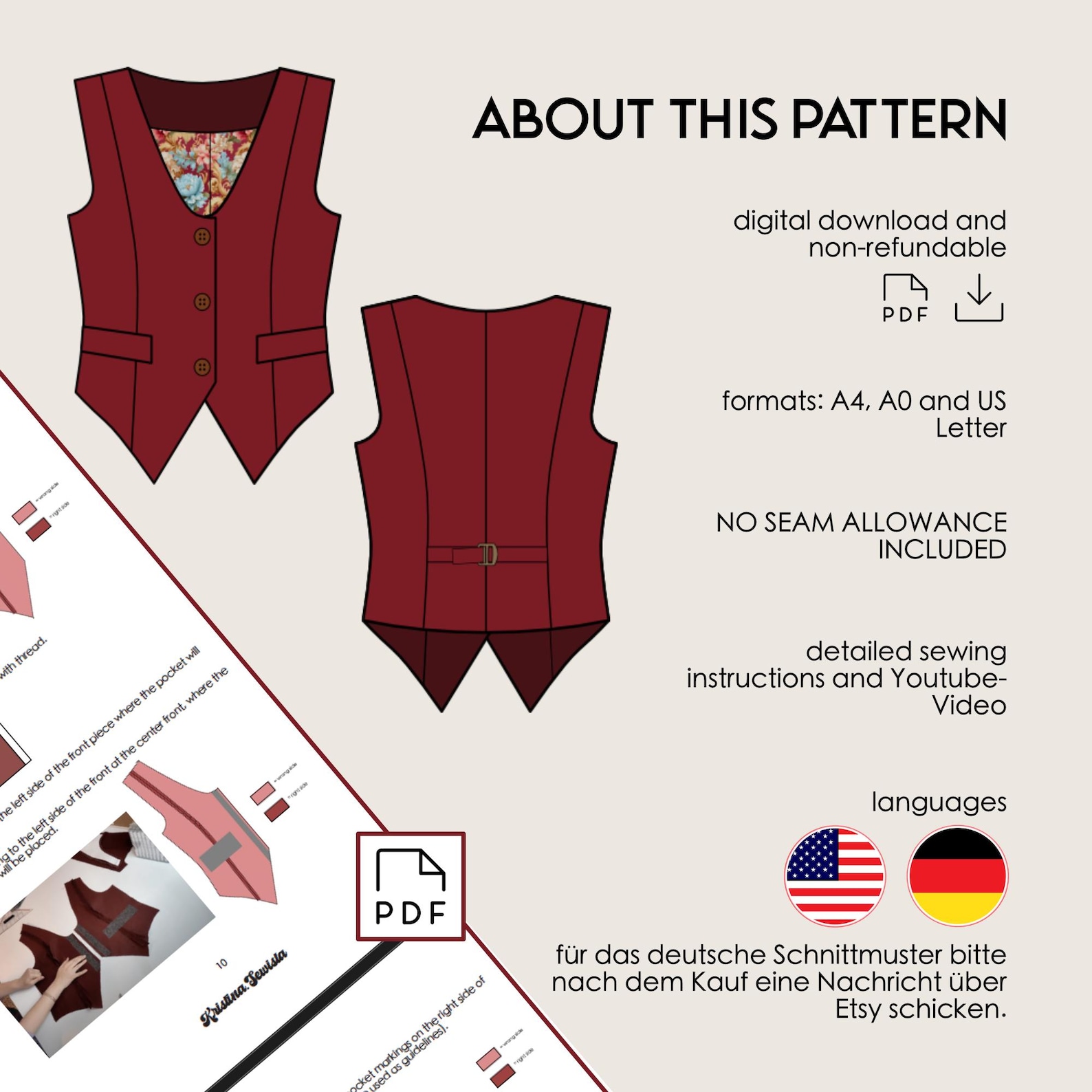 Basic Vest BELLA Sewing Pattern PDF | Woman Sewing Pattern Digital ...