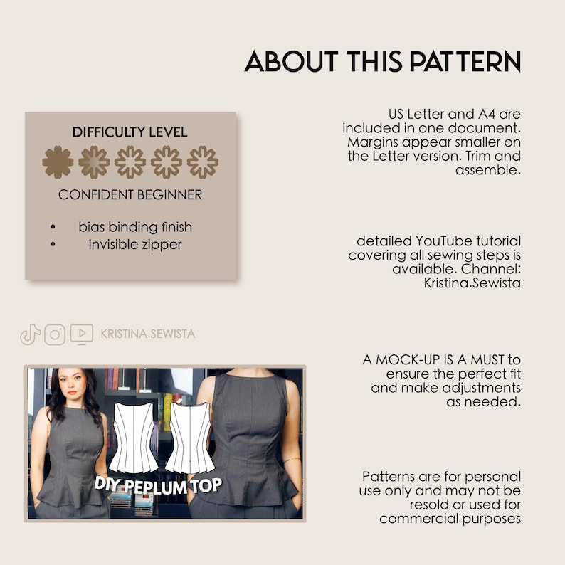Peplum Top JENNA Sewing Pattern PDF | Fitted Y2K Inspired Top With ...