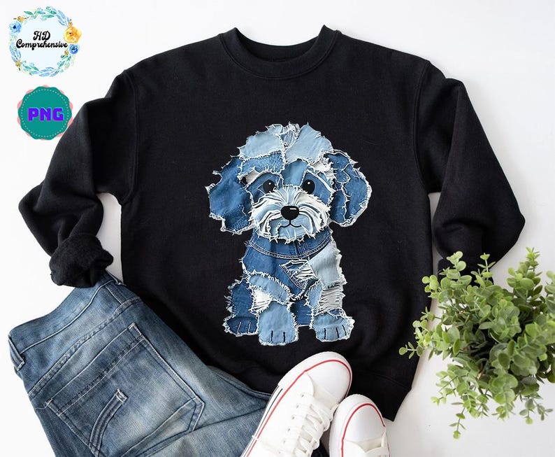 Cute Poodle Dog Pattern Denim Patchwork PNG, Cute Fabric Dog Clipart ...